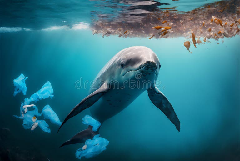 Dolphin with a Plastic Bag. Ocean Plastic Pollution Concept Stock Photo ...