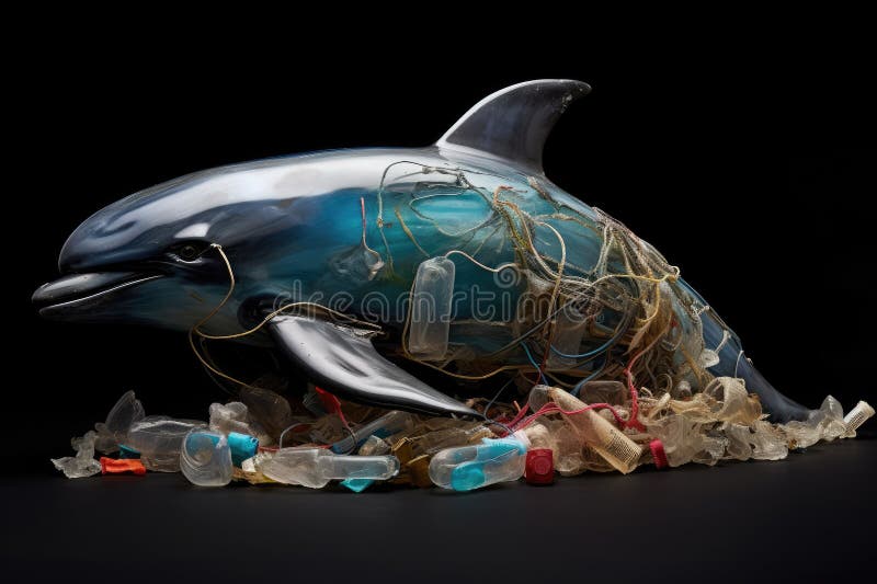 Dolphin with Plastic Waste on a Black Background. Plastic Pollution ...