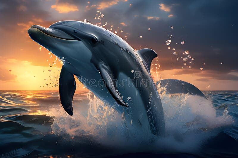Dolphin Playing in the Waves of the Raging Ocean at Sunset. World ...
