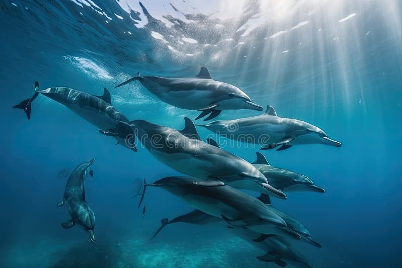 Dolphin Pod Swimming Together in Tropical Ocean Stock Illustration ...