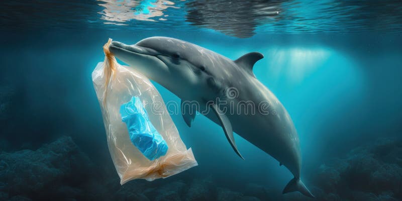 Dolphin in polluted sea stock illustration. Illustration of ...