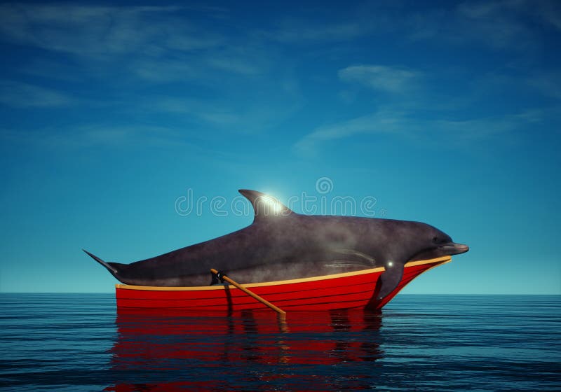Dolphin on a Red Boat in the Ocean Stock Illustration - Illustration of ...