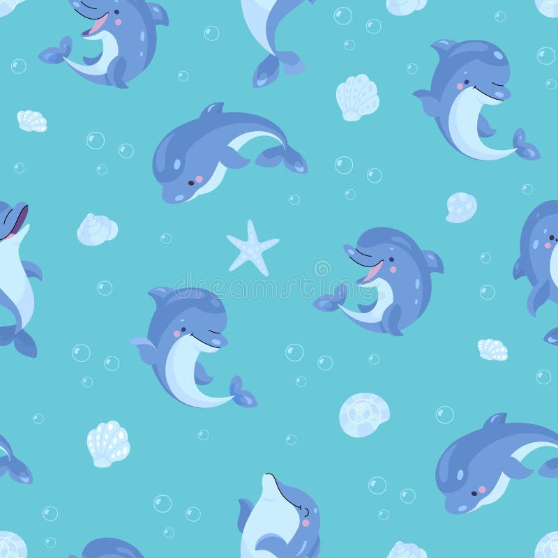 Dolphin Seamless Pattern. Cartoon Funny Dolphins, Underwater Funny ...