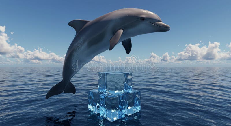 A Dolphin Soaring Above the Ocean, with a Stack of Translucent Blue Ice ...