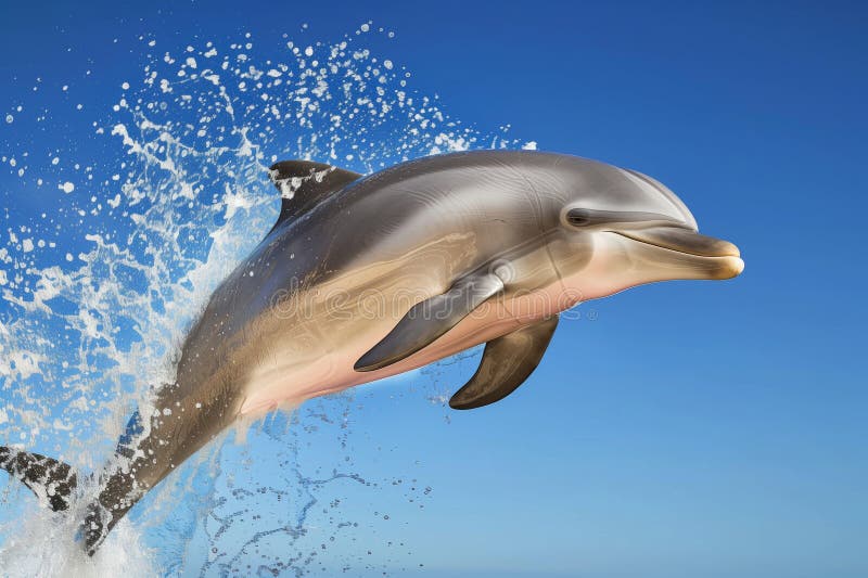 Dolphin with Splashing Water Trail Against Blue Sky Stock Image - Image ...