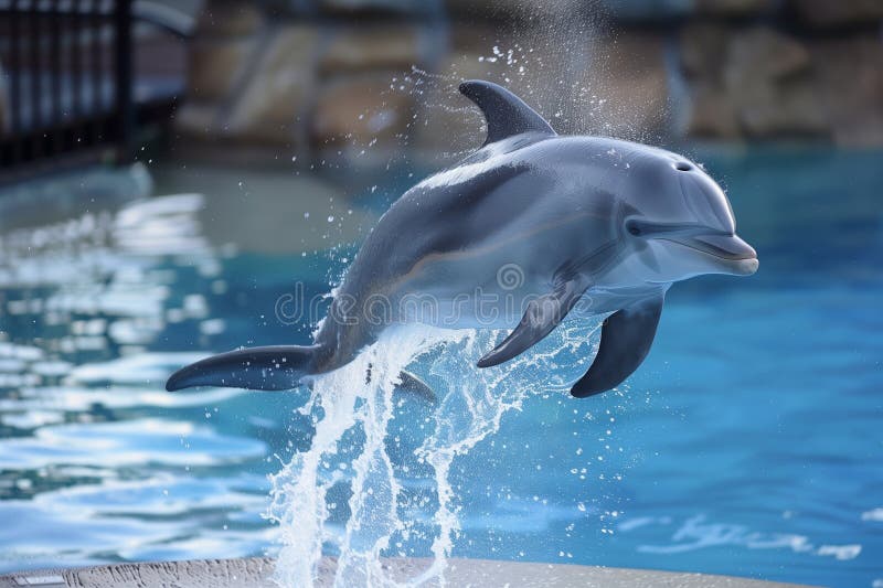Dolphin with Splashing Water Trail during a High Jump Stock Photo ...