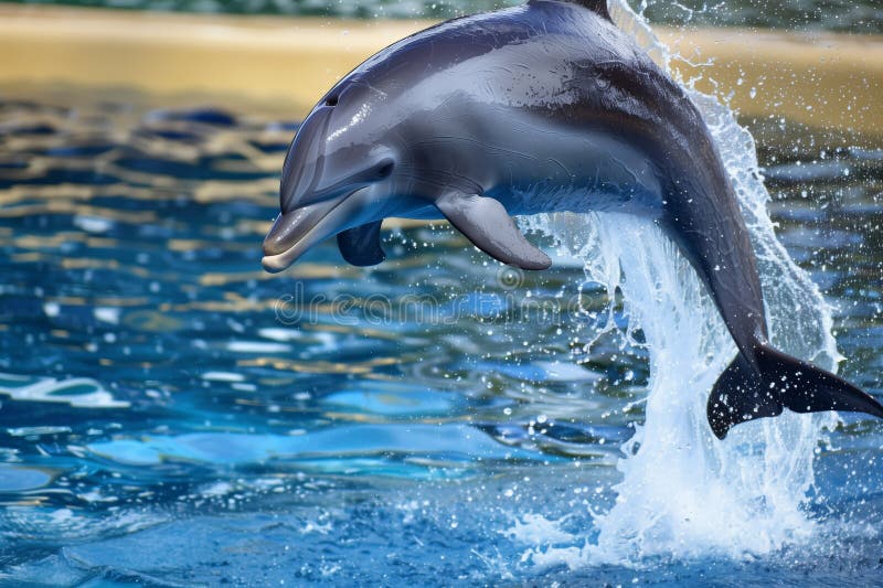 Dolphin with Splashing Water Trail during a High Jump Stock Photo ...