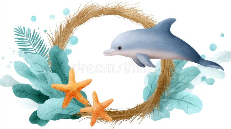 Dolphin with Starfish and Sea Plants in a Nautical Wreath Design Stock ...