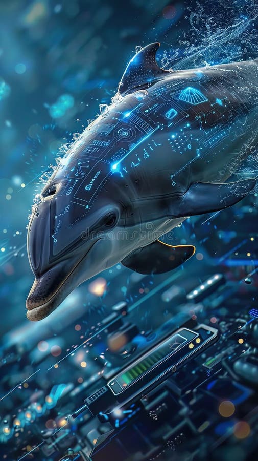 A Dolphin Swimming Around Tech Gadgets Illustrating Intelligence and Innovation in the Tech ...