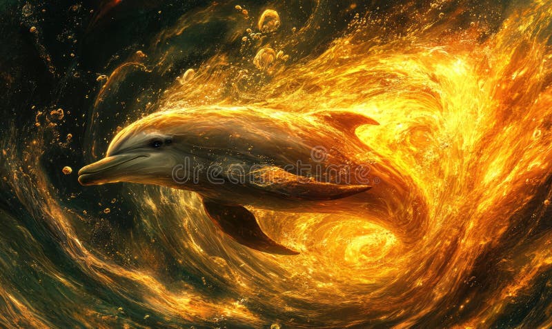 A Dolphin is Swimming in a Fiery Ocean Stock Photo - Image of graphic ...