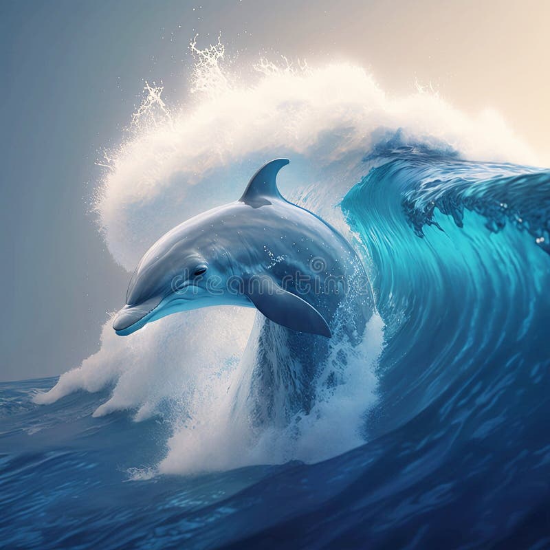 Dolphin Swimming in Open Ocean Waves Stock Illustration - Illustration ...