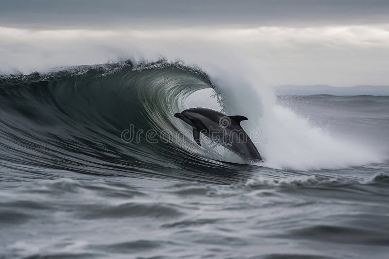 Dolphin Swimming in Open Ocean Waves Stock Illustration - Illustration ...