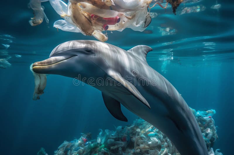 Dolphin Swimming with Plastic Waste Underwater Stock Image - Image of ...