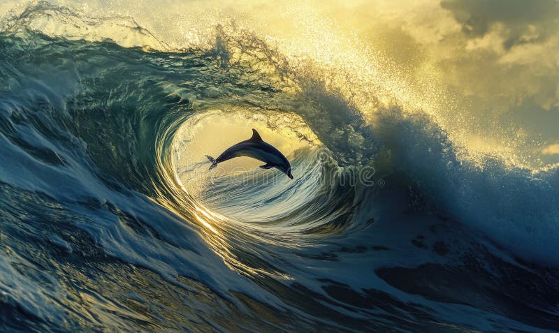 A Dolphin is Swimming in a Wave Stock Photo - Image of large, swimming ...