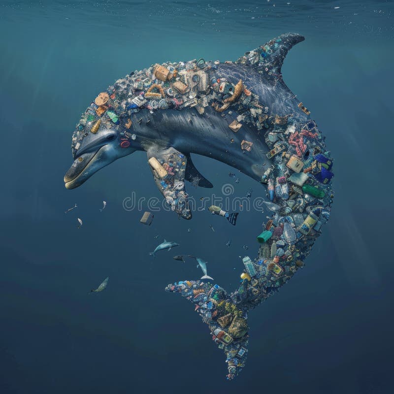 A Dolphin Swims Gracefully in the Ocean, Covered with Various Pieces of ...