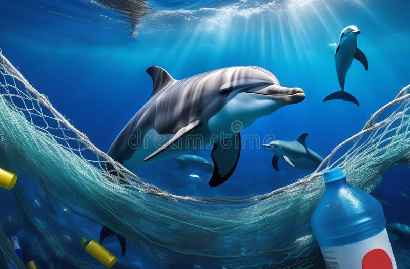 A Dolphin Swims in a Human-polluted Ocean Stock Illustration ...