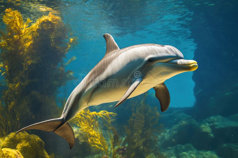 A Dolphin Swims in a Tank Filled with Water and Algae, Providing a ...