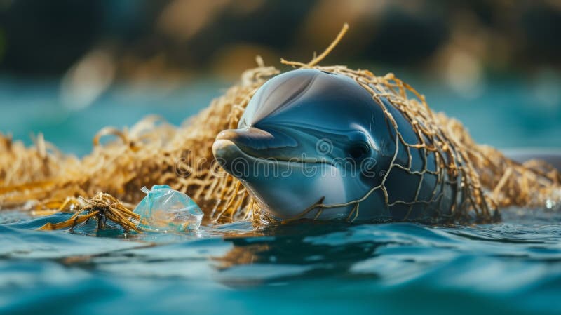 Dolphin Tangled in Netting and Plastic Waste in Ocean Stock Image ...