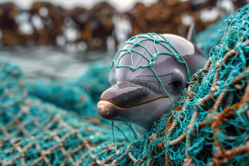 SweetDolphin Trapped in Fishing Net Stock Illustration - Illustration ...