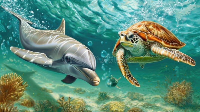 Dolphin and a Turtle are Swimming in the Ocean Stock Photo - Image of ...