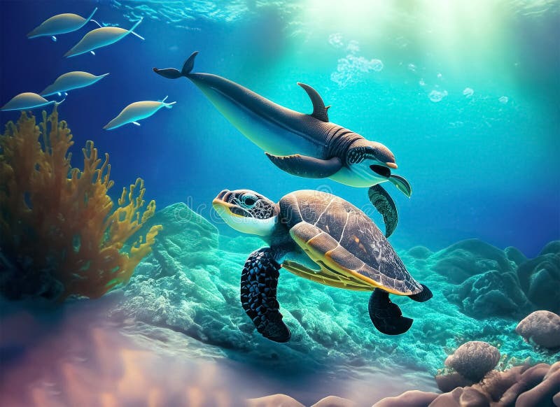 Dolphin and Turtle Underwater. Generative AI Stock Illustration ...