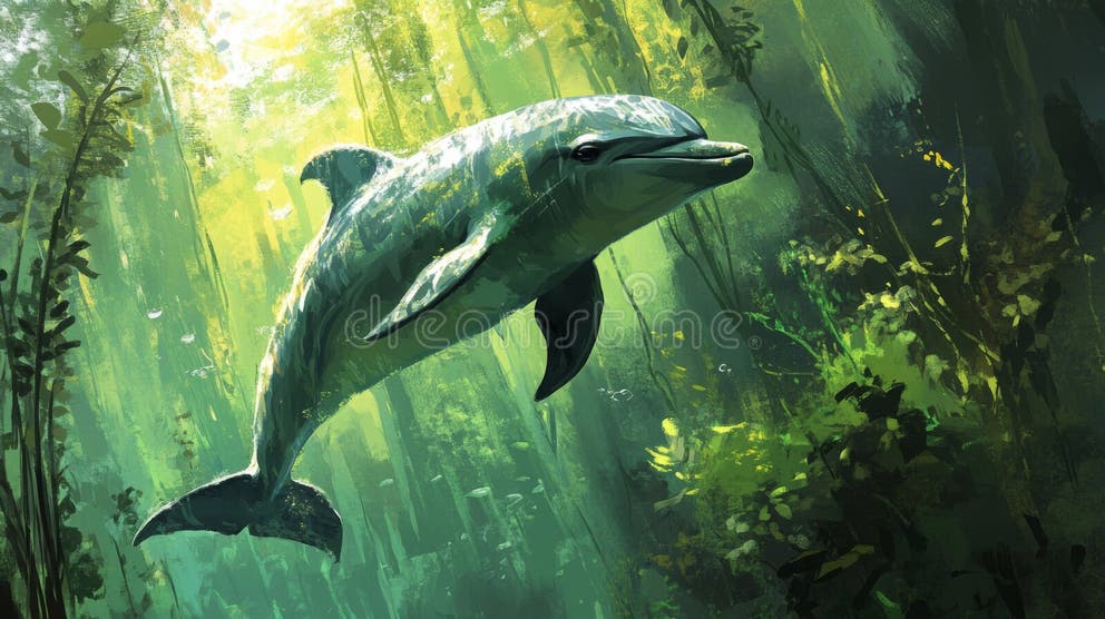 Dolphin Underwater in Sunlit Kelp Forest Stock Illustration ...