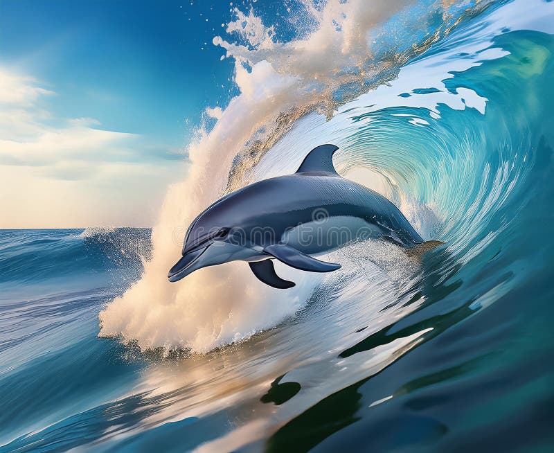 Dolphin with Rolling Crashing Ocean Wave with Delightful Sunny Day ...