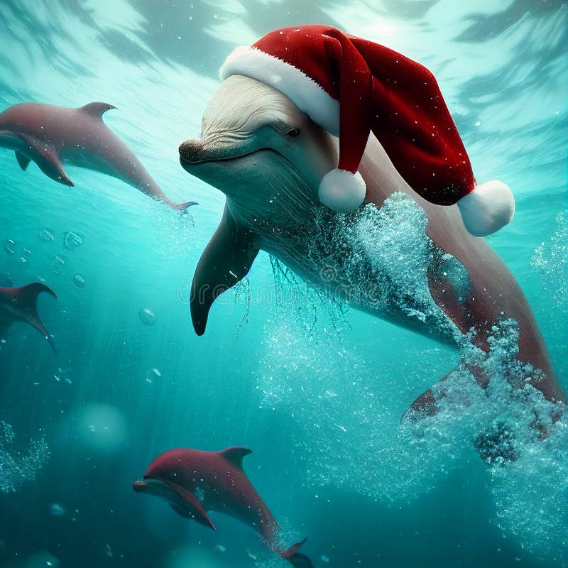 Dolphin Wearing Santa Claus Hat Swims Underwater, AI Generated Stock ...