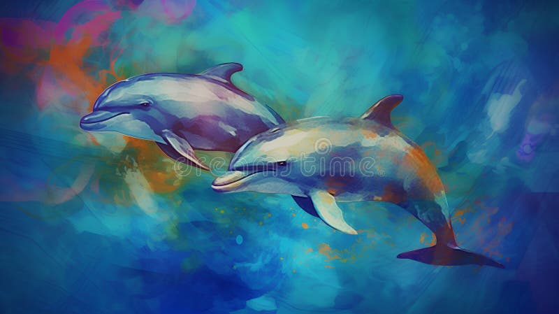 Dolphins on Abstract Watercolor Background. Watercolor Painting Style ...