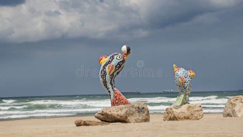The Dolphins. Art Installation at the Beach of Ashdod, Israel Editorial ...
