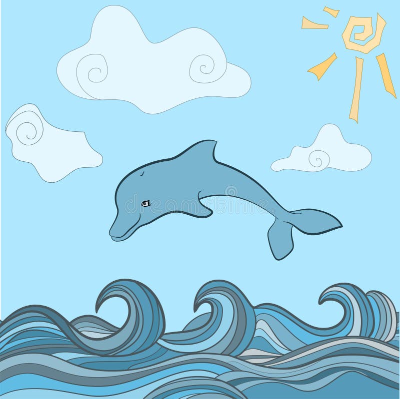 Dolphins in blue sea wave. stock vector. Illustration of doodle - 41937643