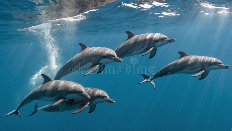 Dolphins Dancing in Sunlit Waters a Playful Aquatic Symphony Stock ...