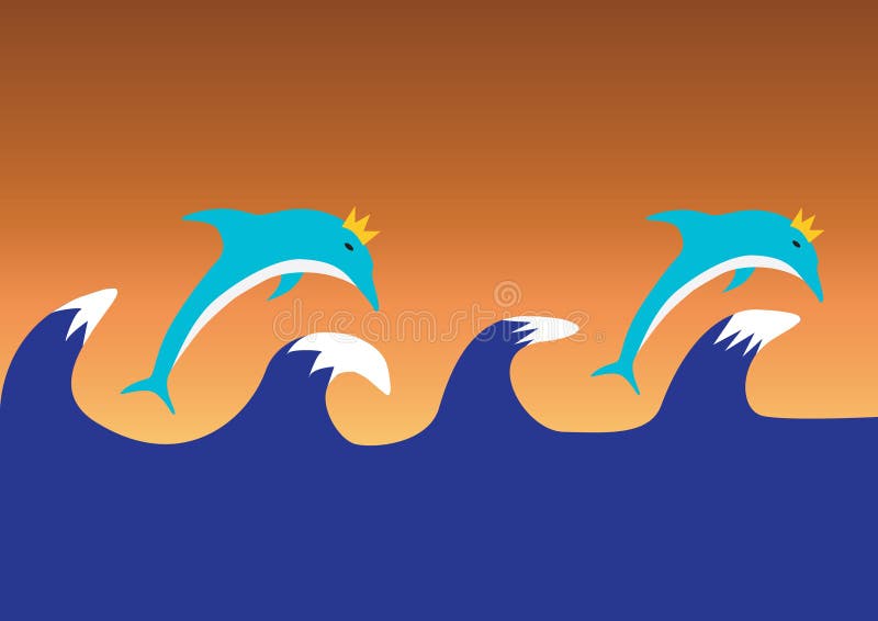 Dolphins Diving with Ocean Waves. Vector Illustration Decorative Design ...