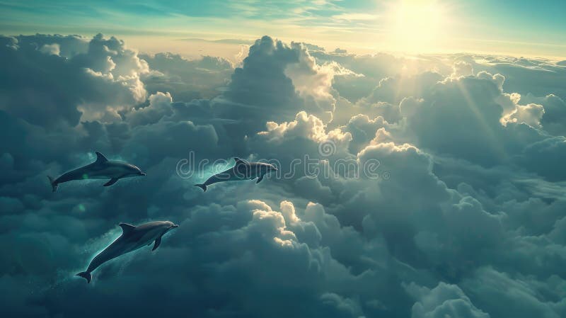 Dolphins Flying among Clouds and Sun Stock Photo - Image of creativity ...