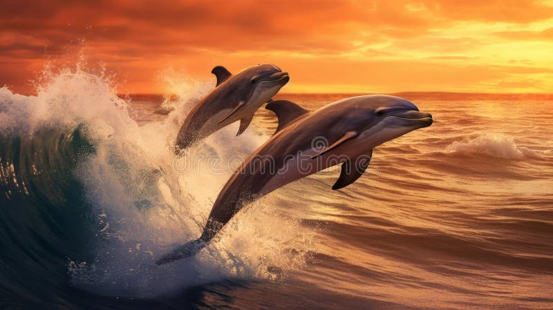 Dolphins Jumping Over Breaking Waves. Generative AI Stock Illustration ...