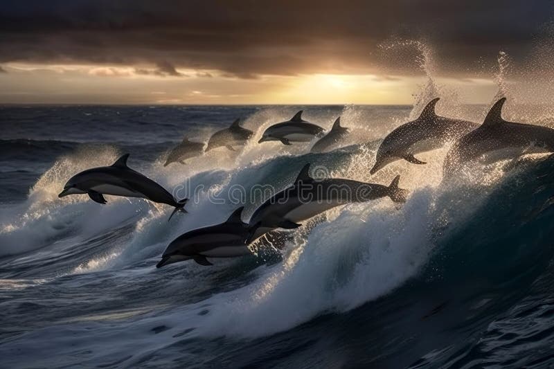 Dolphins Jumping Over Breaking Waves. World Oceans Day. Generative Ai ...