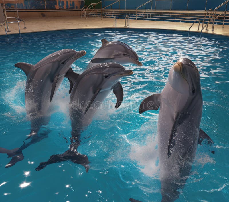 Dolphins Jumping in Pool, Sea Animals Stock Illustration - Illustration ...