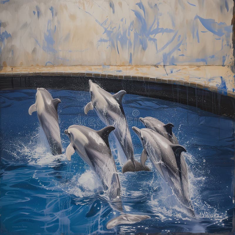 Dolphins Jumping in Pool, Sea Animals Stock Illustration - Illustration ...