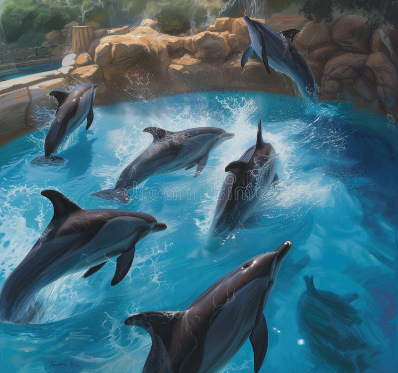 Dolphins Jumping in Pool, Sea Animals Stock Illustration - Illustration ...