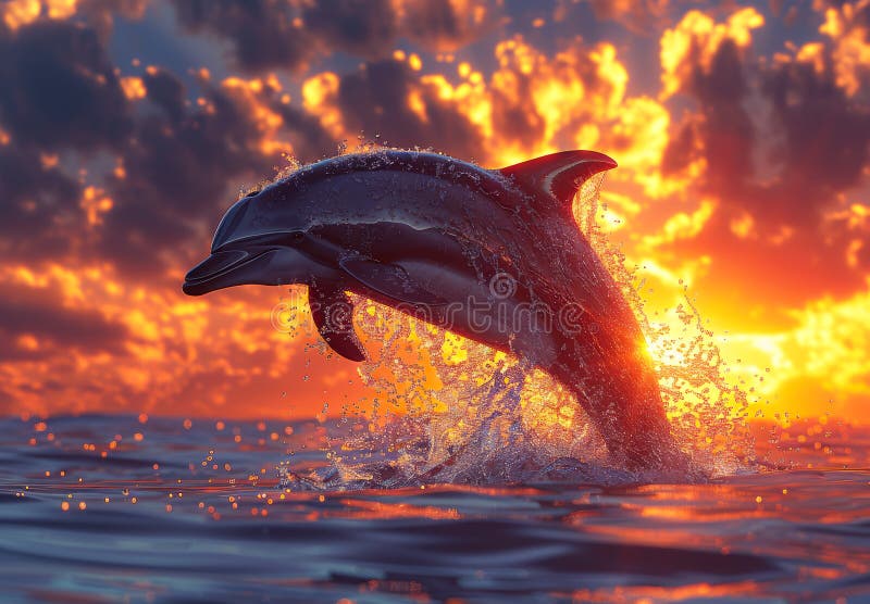 Dolphins Jumping in the Sea at Sunset Stock Photo - Image of jumping ...