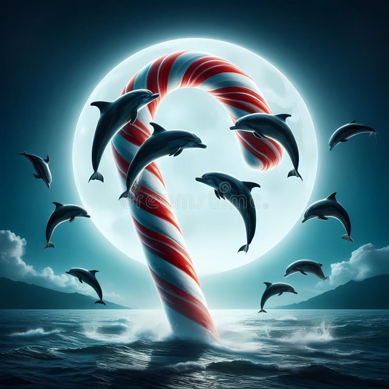 Dolphins Jumping in the Shape of a Candy Cane in the Moonlight. Stock ...