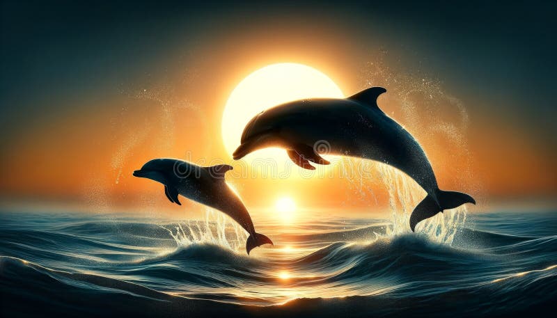 Dolphins Jumping at Sunset stock illustration. Illustration of mammals ...