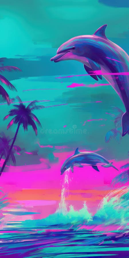 A Dolphins Jumping To Palm Trees Painting Generative AI Stock ...