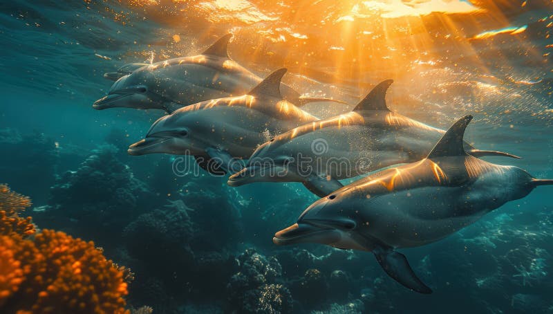 Dolphins Leap through the Waves As the Sun Sets, Creating a Golden Glow ...
