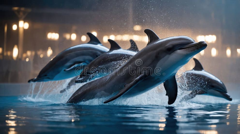 Spectacular Dolphins Leaping Gracefully in Illuminated Water Stock Illustration - Illustration ...