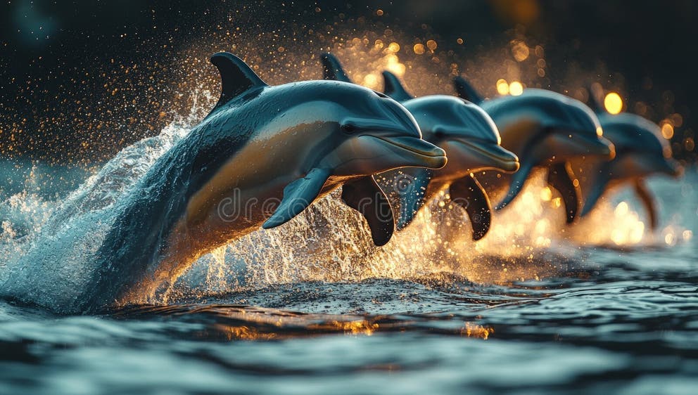 Dolphins Leaping through the Water at Sunset Stock Image - Image of ...