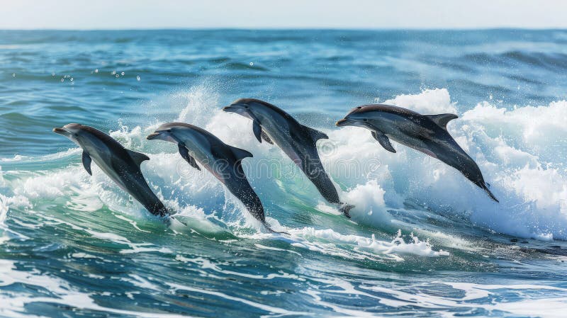 Dolphins Leaping through Waves Stock Photo - Image of saltwater ...