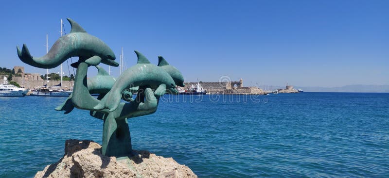 Dolphins Ocean Coast Statue Greece Rhodes Harbour Stock Photo - Image ...