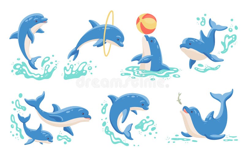 Dolphins Playing and Jumping in Water Cartoon Vector Isolated ...