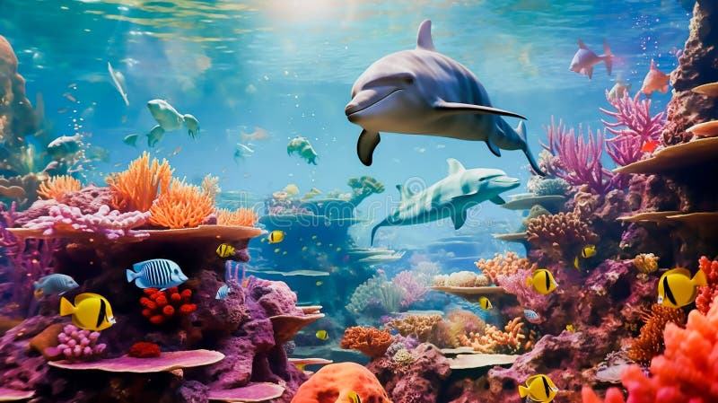 Dolphins and a Reef Undersea Environment. Electronic Collage Images As ...